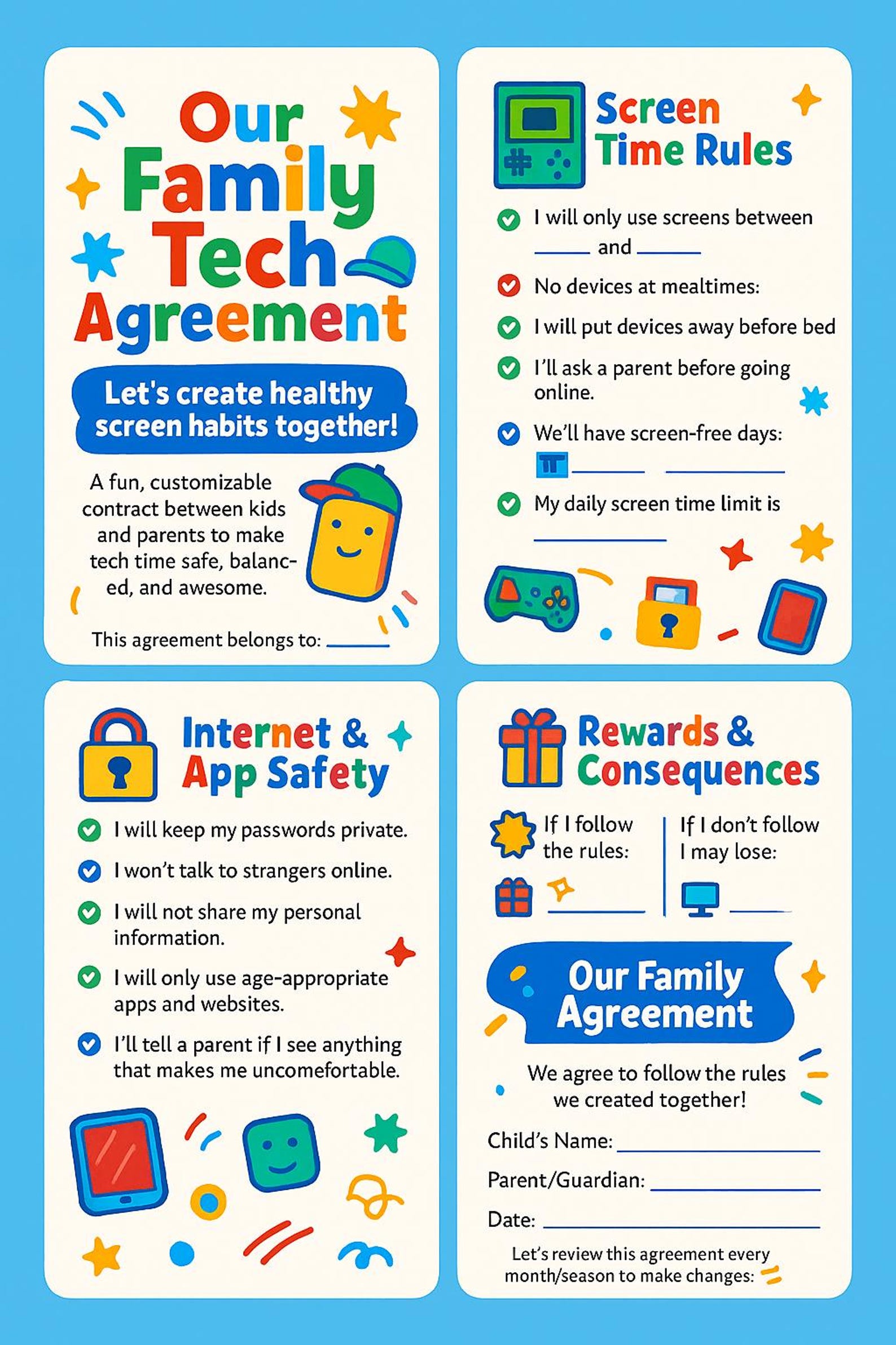 Printable Family Tech Agreement for Kids | Editable Screen Time Rules ...