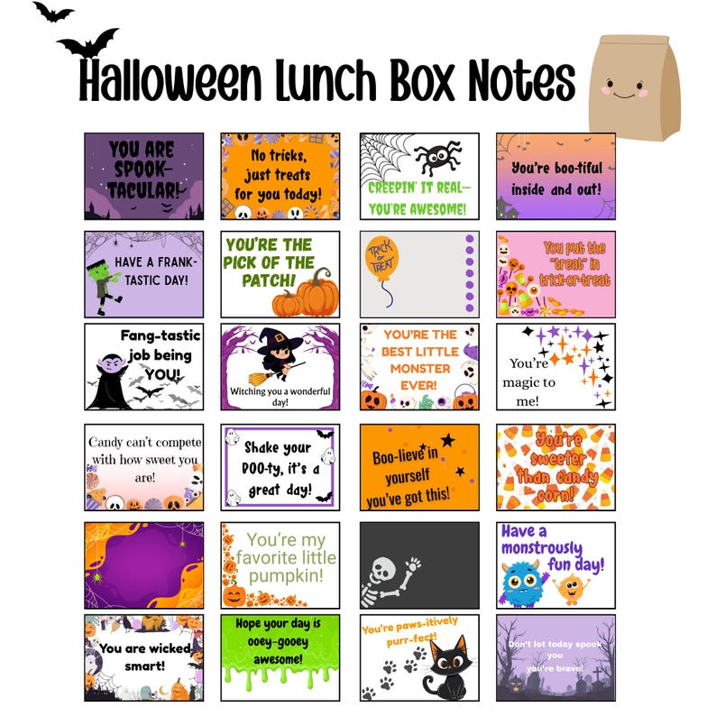 Halloween Lunch Box Notes Printable: 24 Spooky Kids Cards PDF Download ...