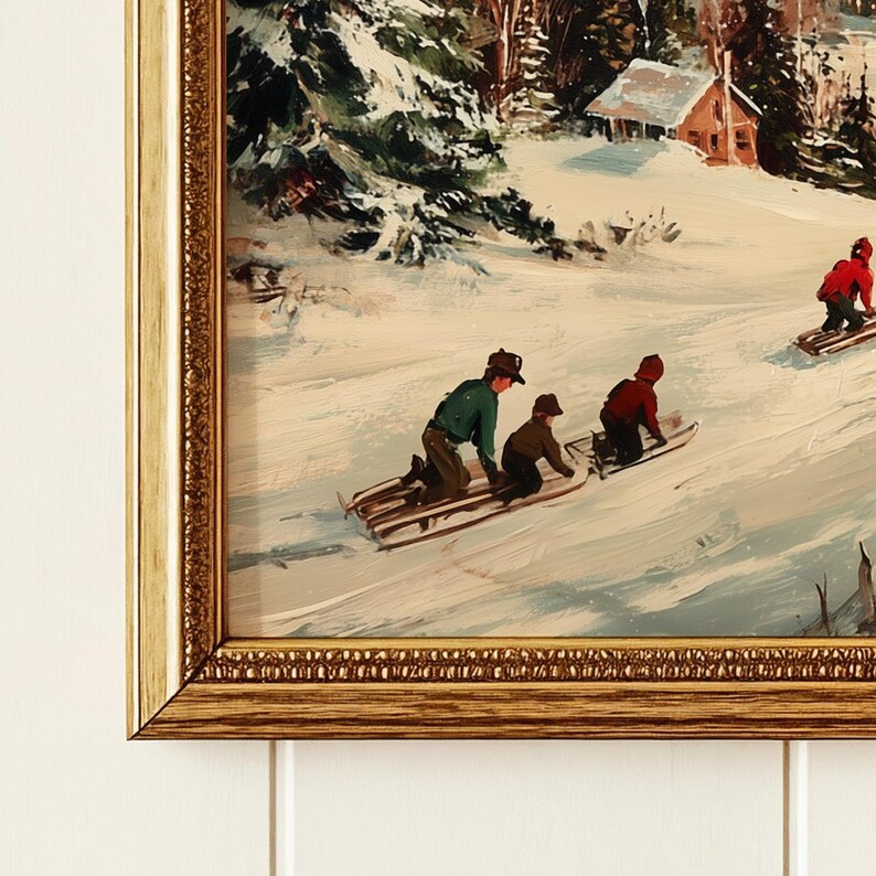 Winter Village Sledding Scene Art Print: Vintage Style Nostalgic Snow ...