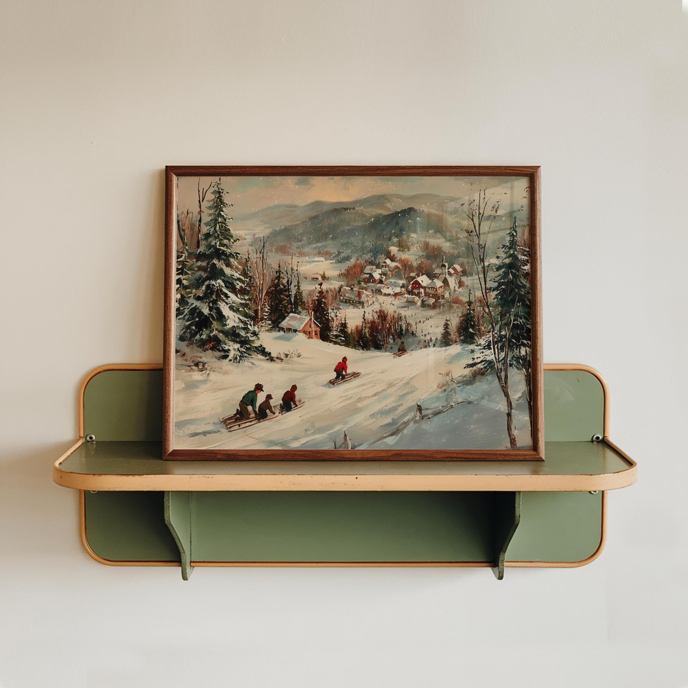 Winter Village Sledding Scene Art Print: Vintage Style Nostalgic Snow ...
