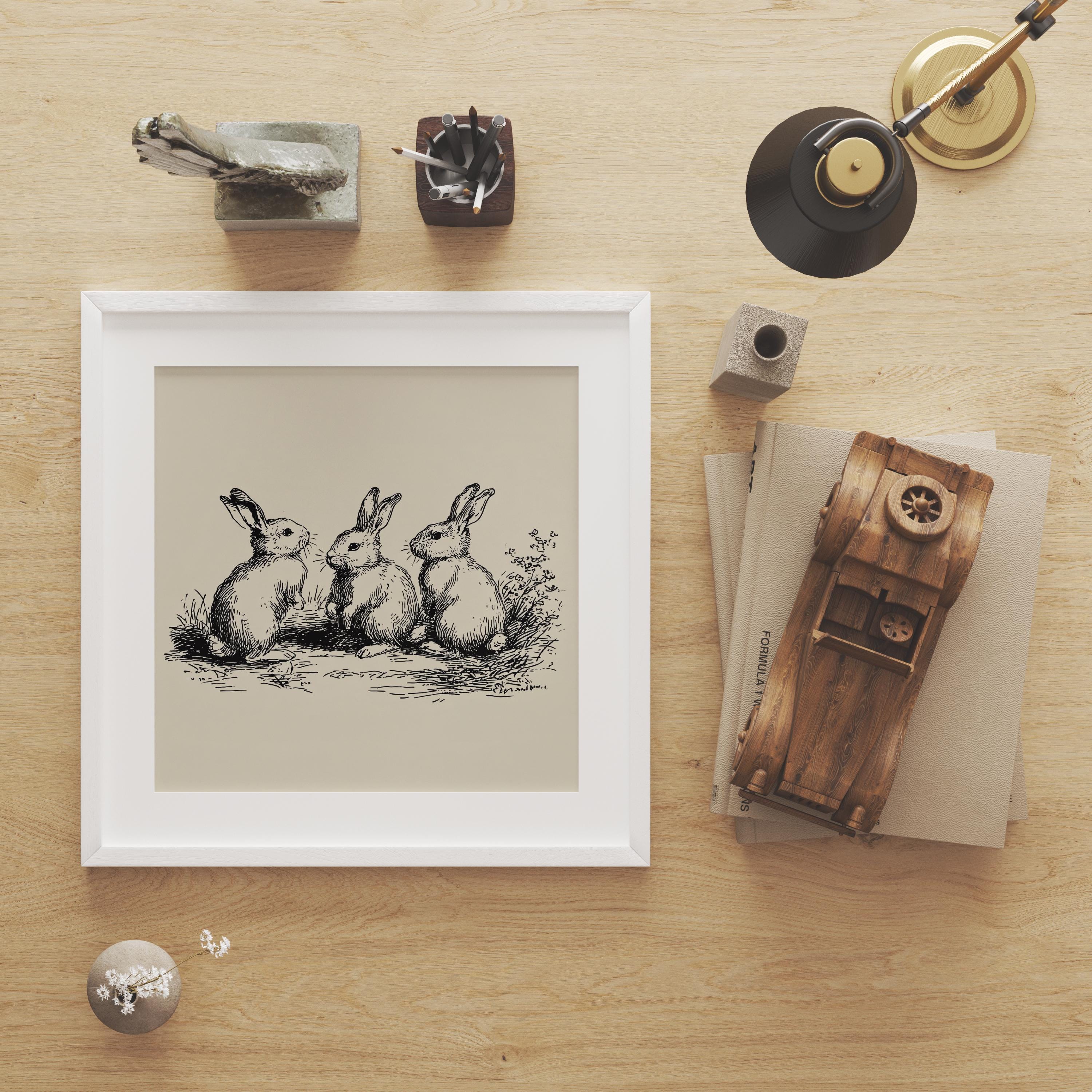 Bunny Trio Art Print: Antique Rabbit Line Art (digital Download) - Etsy