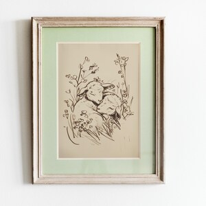 Vintage Sheep and Lamb Ink Drawing: Gentle Nursery Art (digital ...