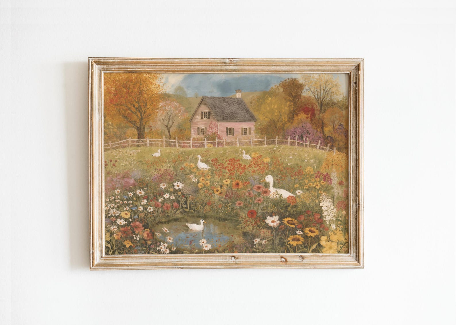 Folk Art Country Cottage With Ducks: Autumn Landscape Printable Wall ...