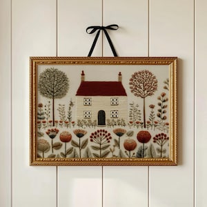 Autumn Cottage Embroidery Art Print: Cozy Fall Decor (digital Download ...