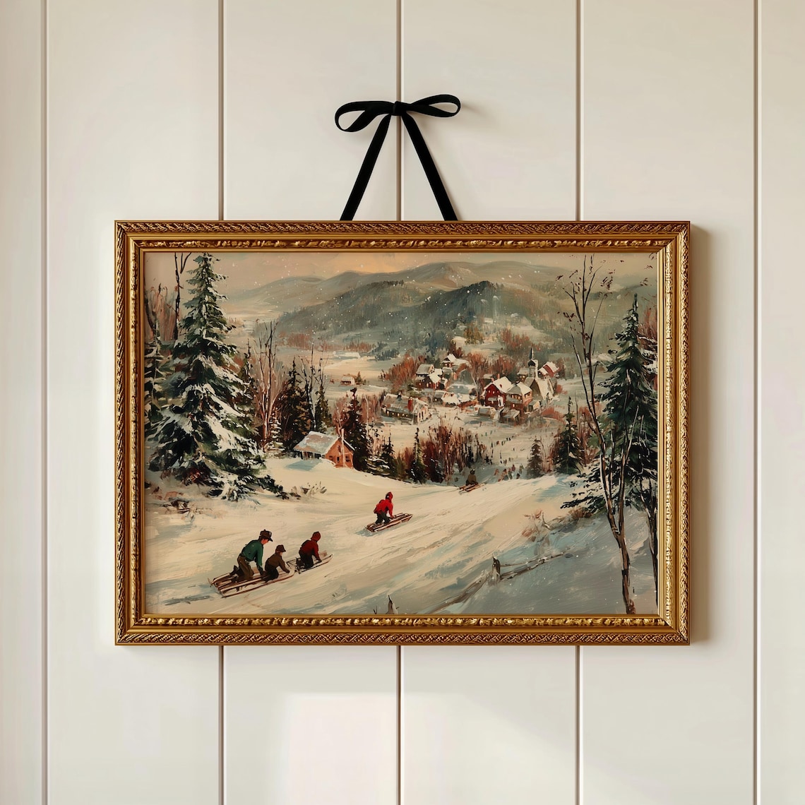 Winter Village Sledding Scene Art Print: Vintage Style Nostalgic Snow ...