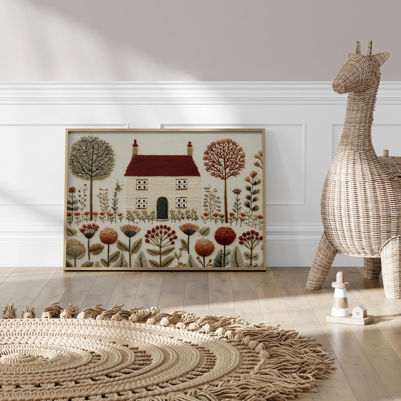 Autumn Cottage Embroidery Art Print: Cozy Fall Decor (digital Download ...