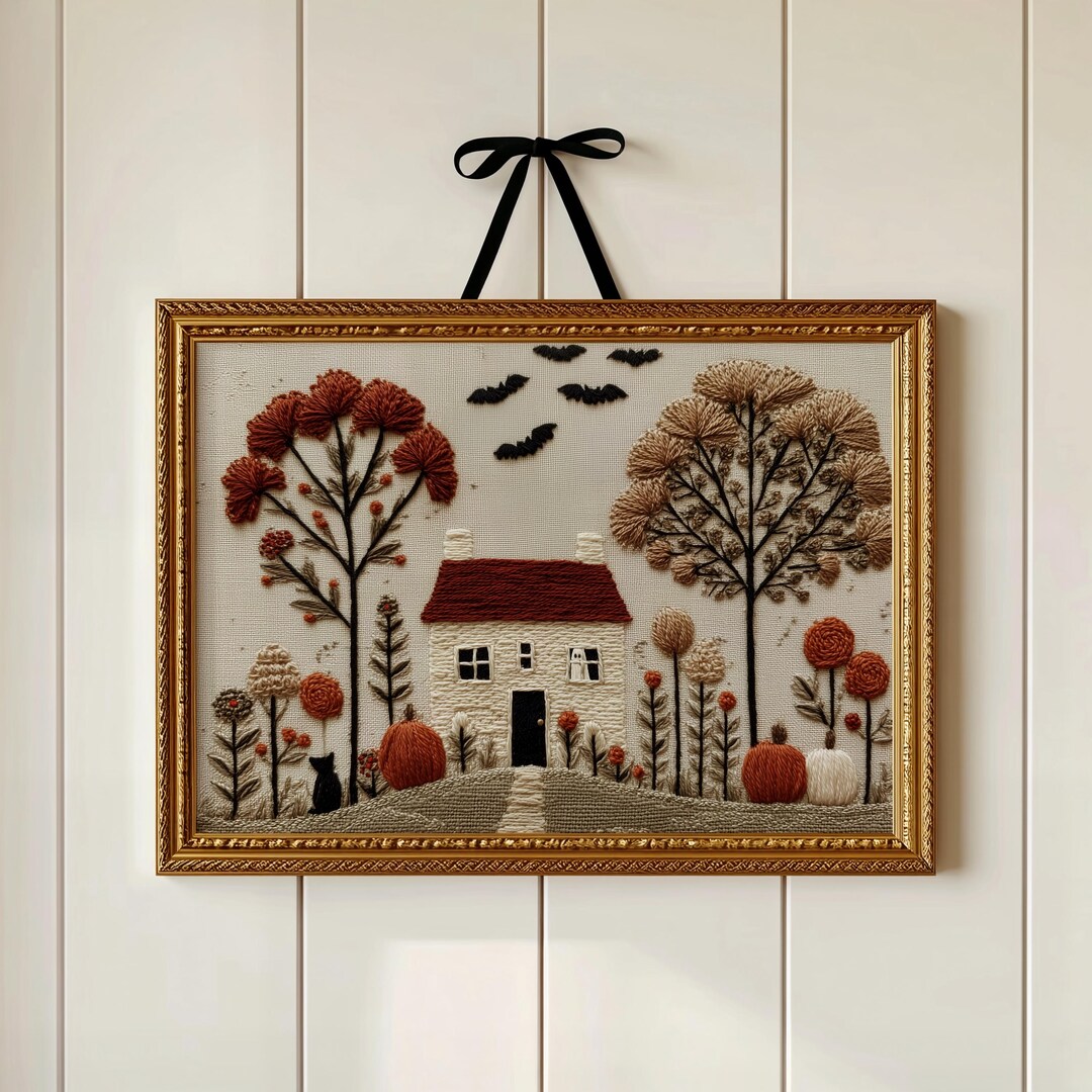 Halloween Cottage Embroidery Art Print: Spooky Folk Style Decor ...