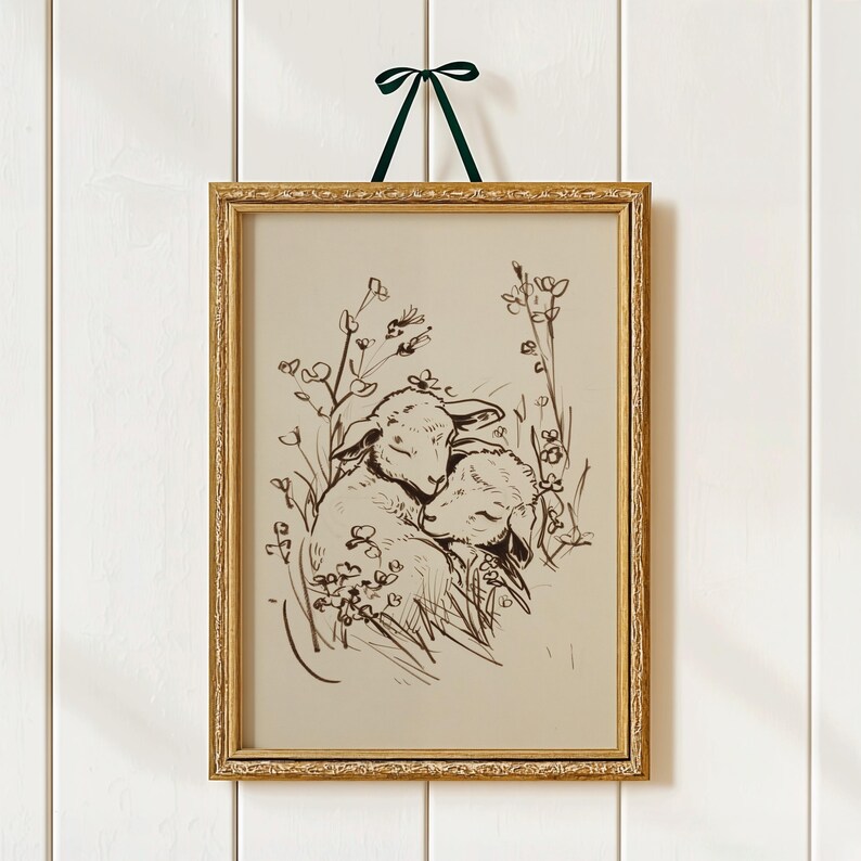 Vintage Sheep and Lamb Ink Drawing: Gentle Nursery Art (digital ...