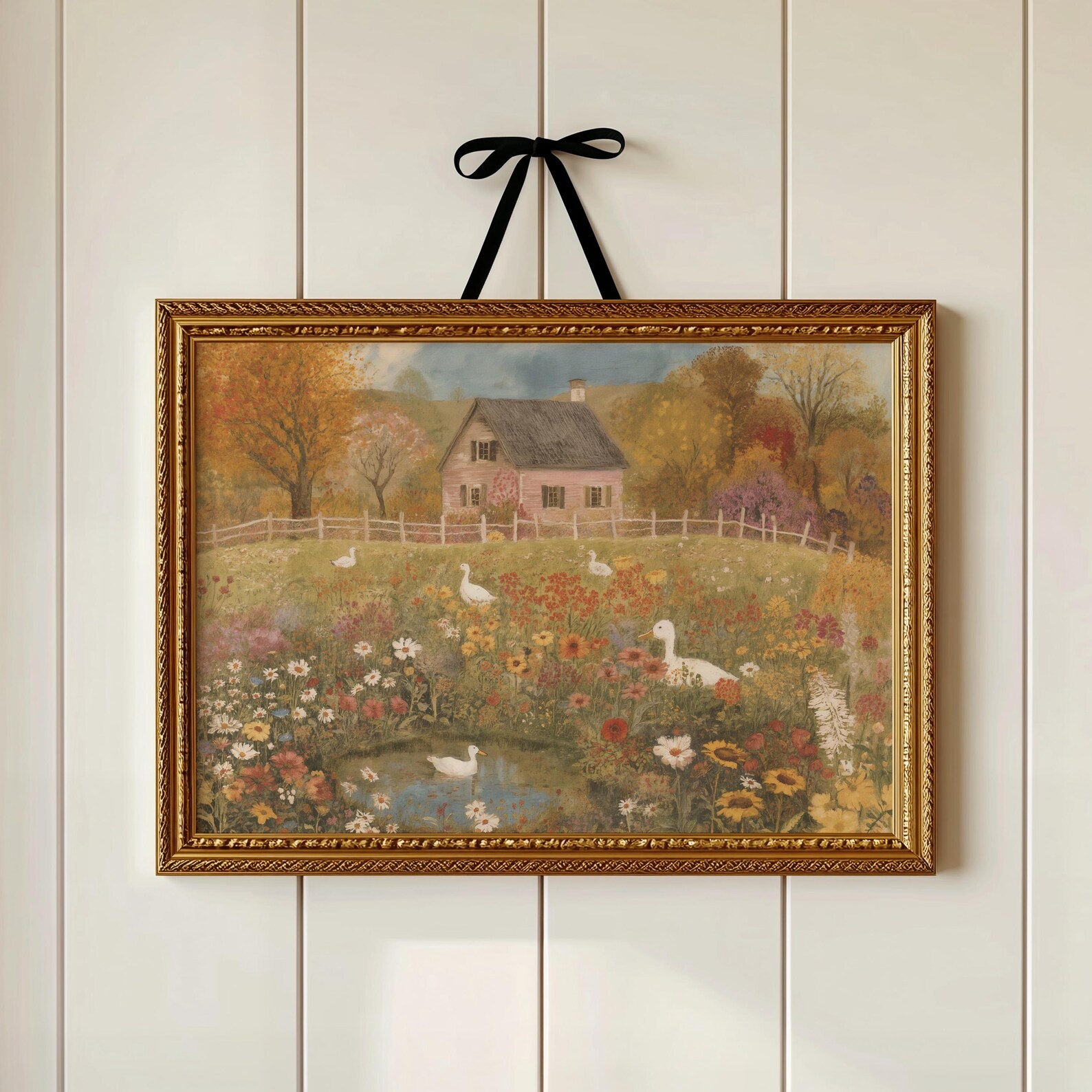 Folk Art Country Cottage With Ducks: Autumn Landscape Printable Wall ...