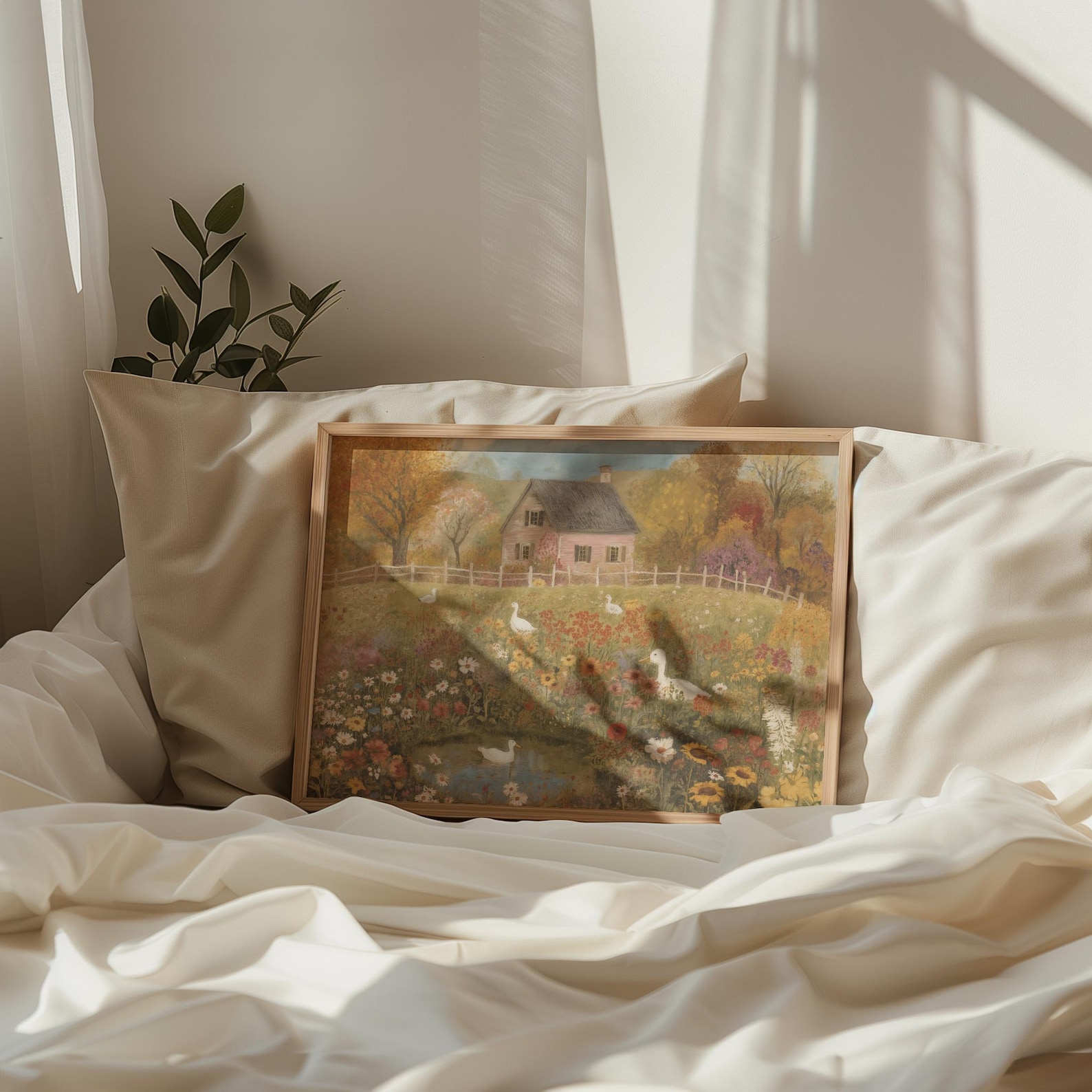 Folk Art Country Cottage With Ducks: Autumn Landscape Printable Wall ...