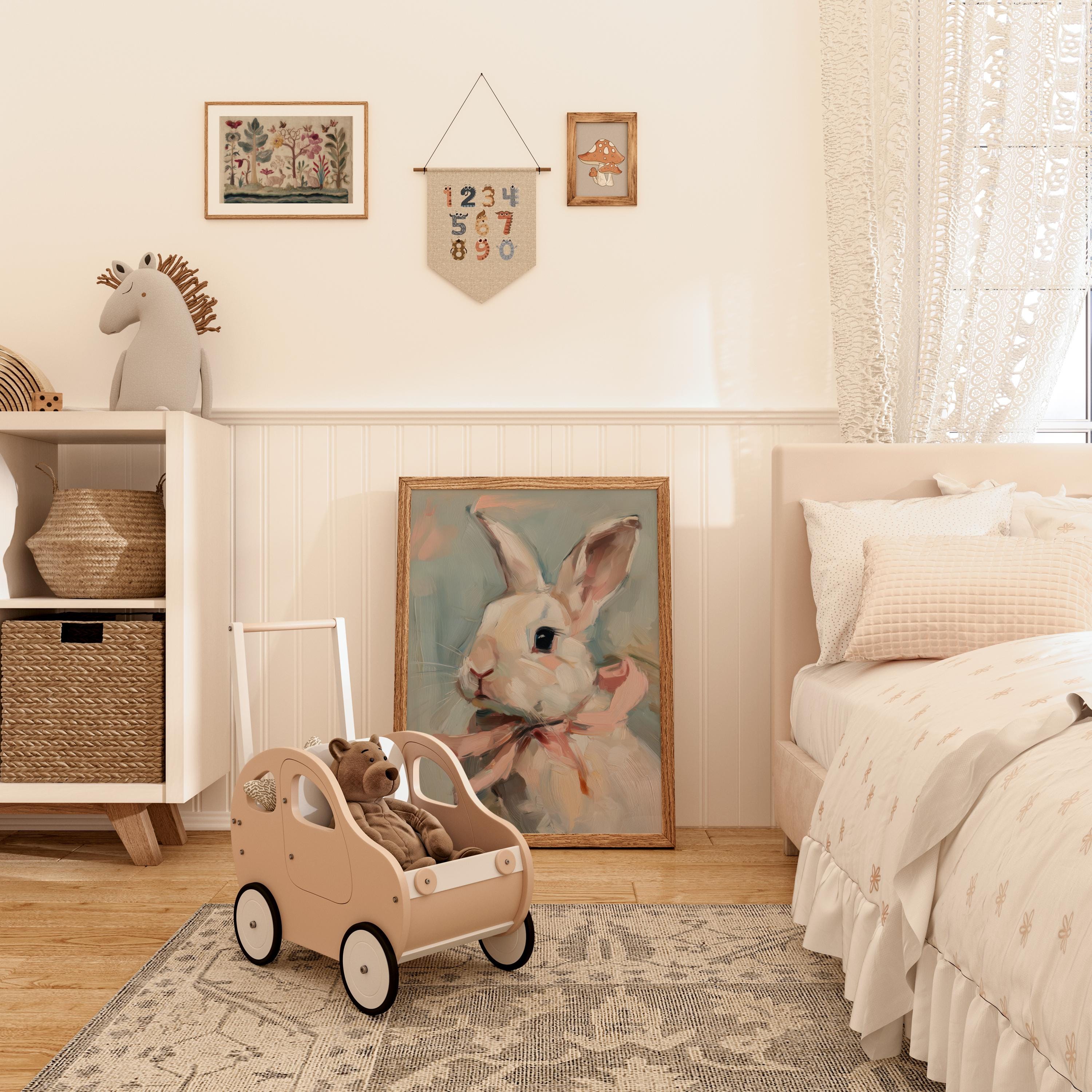 Vintage Bunny Nursery Art: Whimsical Rabbit With Pink Bow (digital ...
