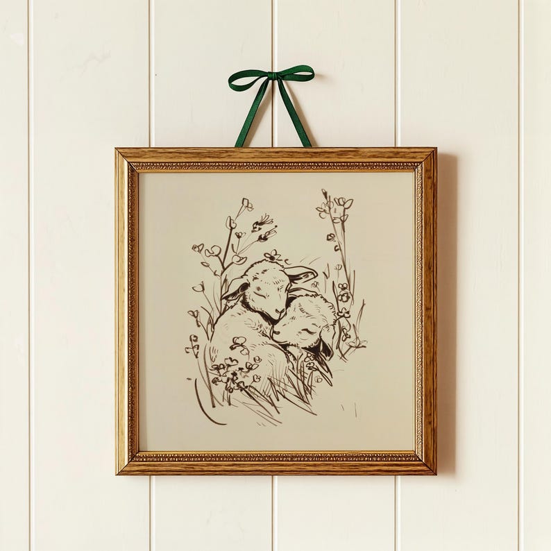 Vintage Sheep and Lamb Ink Drawing: Gentle Nursery Art (digital ...
