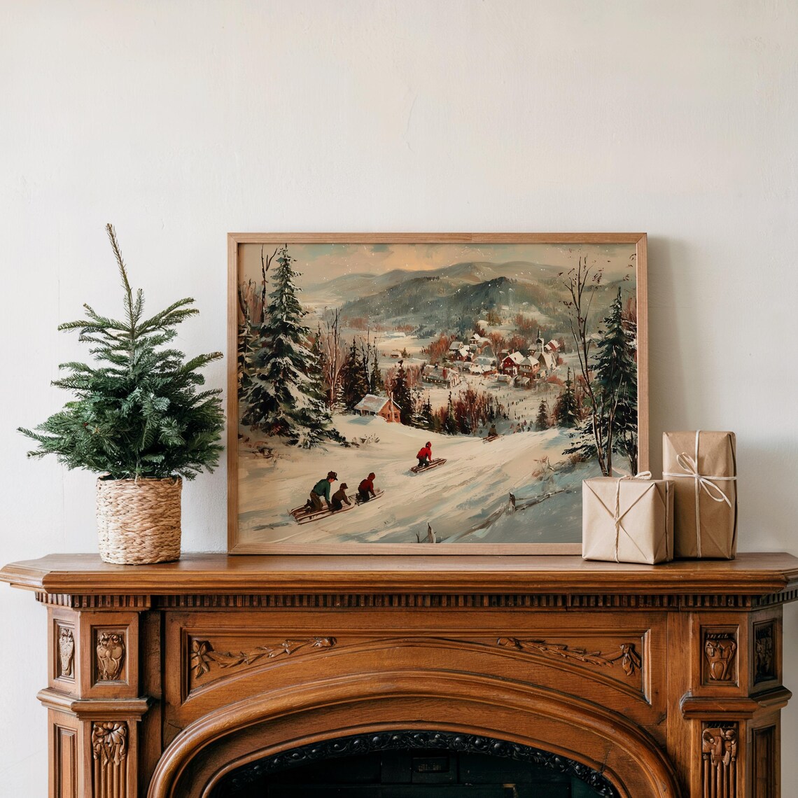 Winter Village Sledding Scene Art Print: Vintage Style Nostalgic Snow ...