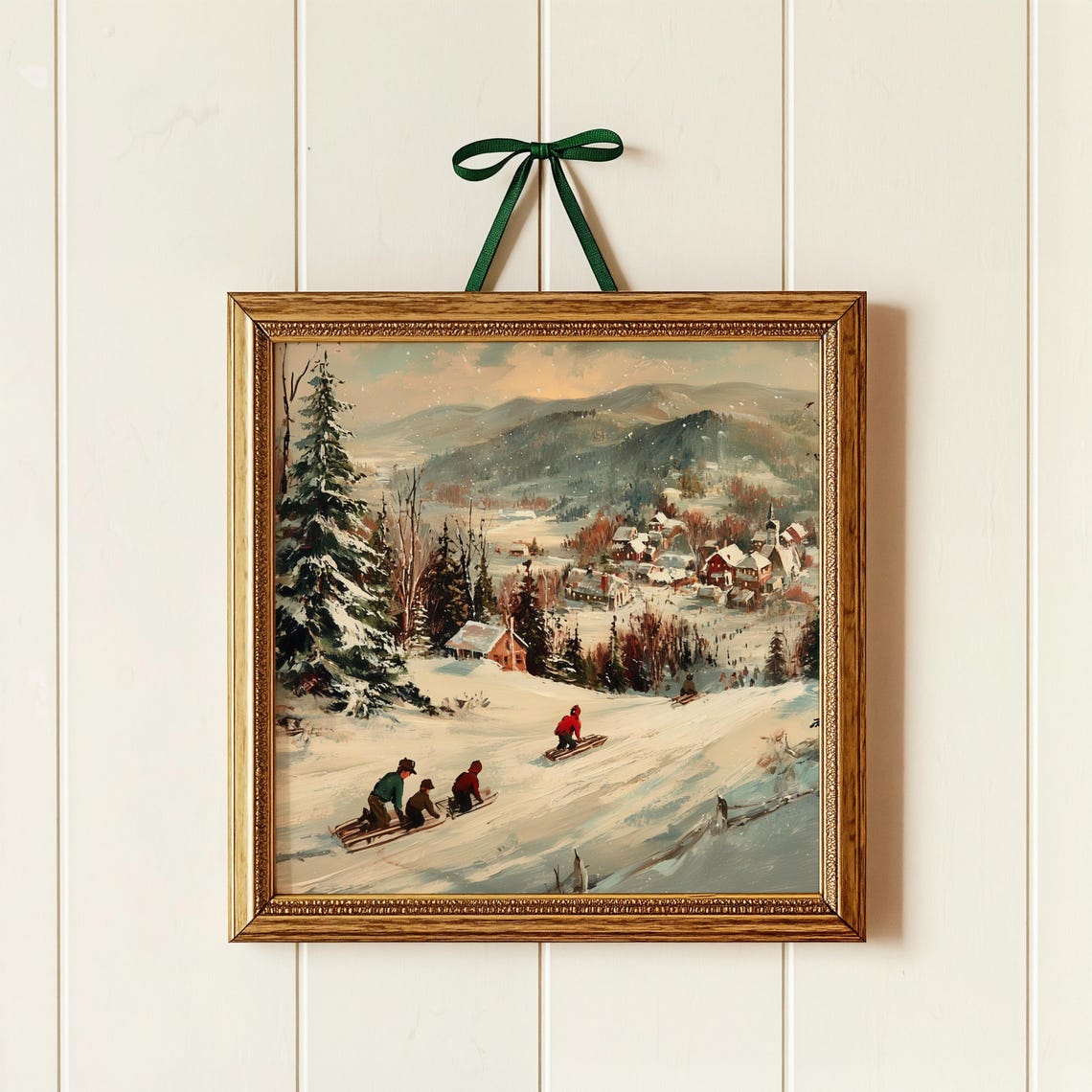 Winter Village Sledding Scene Art Print: Vintage Style Nostalgic Snow ...