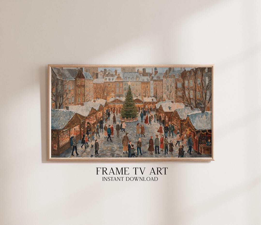 Vintage Christmas Market Village Frame TV Art: Cozy Winter Town Square ...