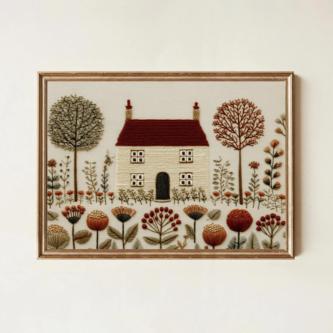 Autumn Cottage Embroidery Art Print: Cozy Fall Decor (digital Download ...