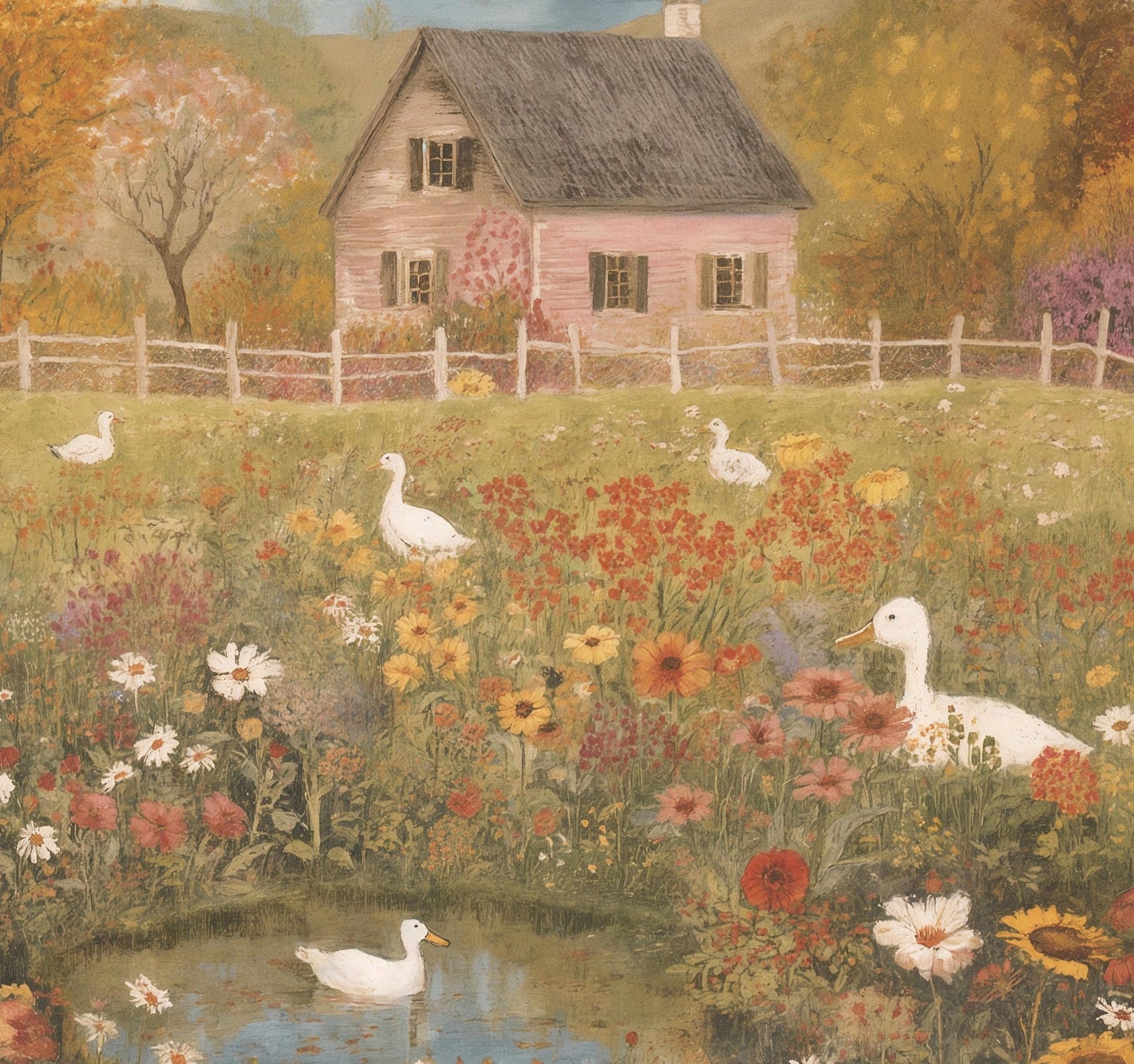 Folk Art Country Cottage With Ducks: Autumn Landscape Printable Wall ...