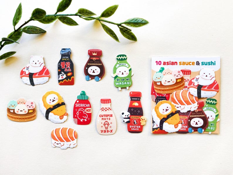 10 Asian Sauce & Sushi Sticker Pack - Korean Stationery, Kawaii Glossy ...