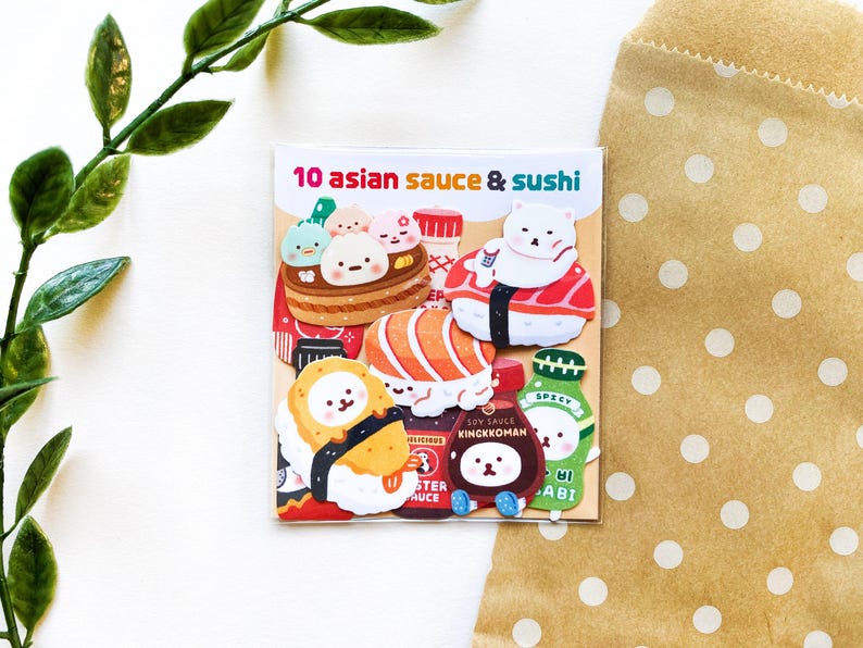 10 Asian Sauce & Sushi Sticker Pack - Korean Stationery, Kawaii Glossy ...