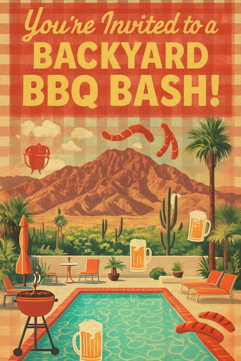 Retro Backyard BBQ Invitation Printable | Gingham Check Cookout Party Invite | Summer Grill Bash ...