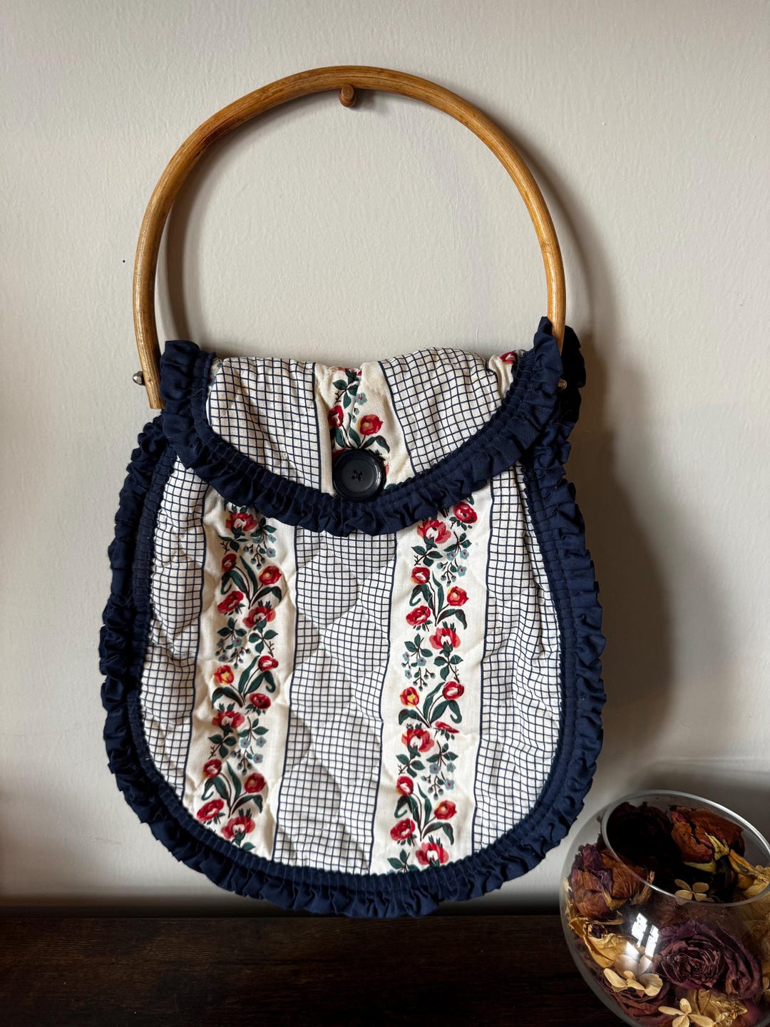 Vintage Handmade Quilted Farmhouse Purse With Bamboo Handle - Etsy