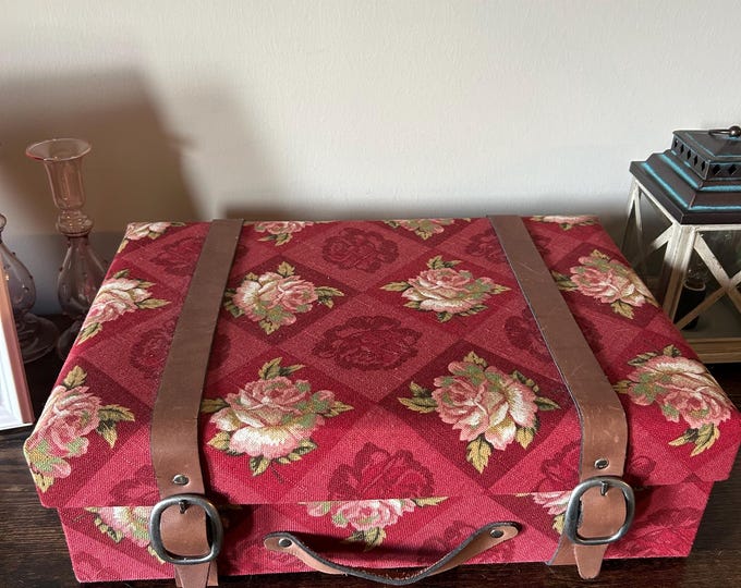 Vintage Style Suitcase: Burgundy Floral Keepsake Box With Leather ...