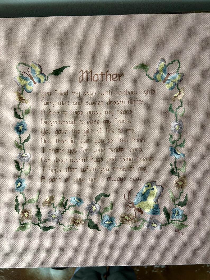 Vintage “mother” Poem Cross Stitch – Handmade 1987 Needlework – 16x17 ...