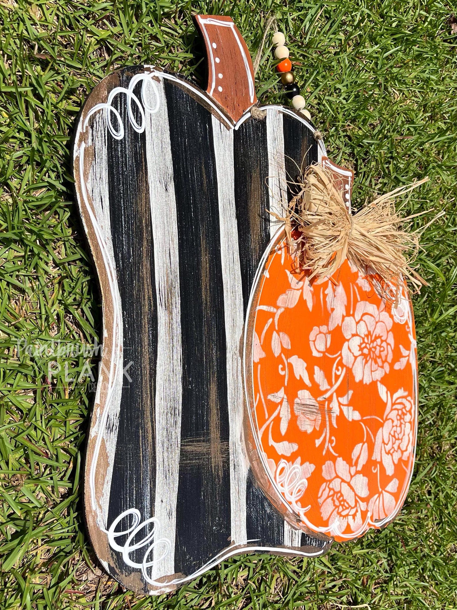 Double Pumpkin Door Hanger, Black and White Striped Floral Print Door ...
