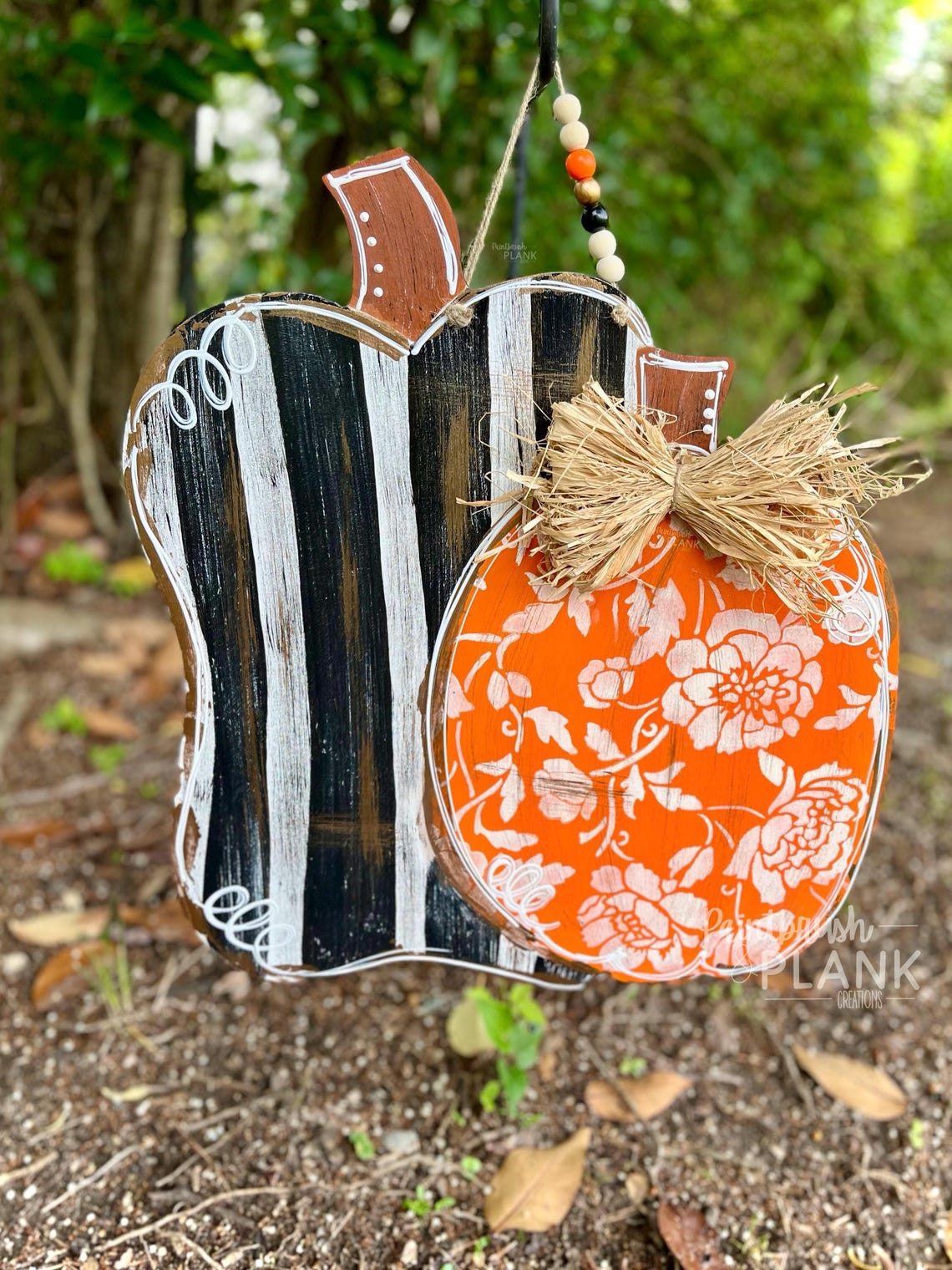 Double Pumpkin Door Hanger, Black and White Striped Floral Print Door ...