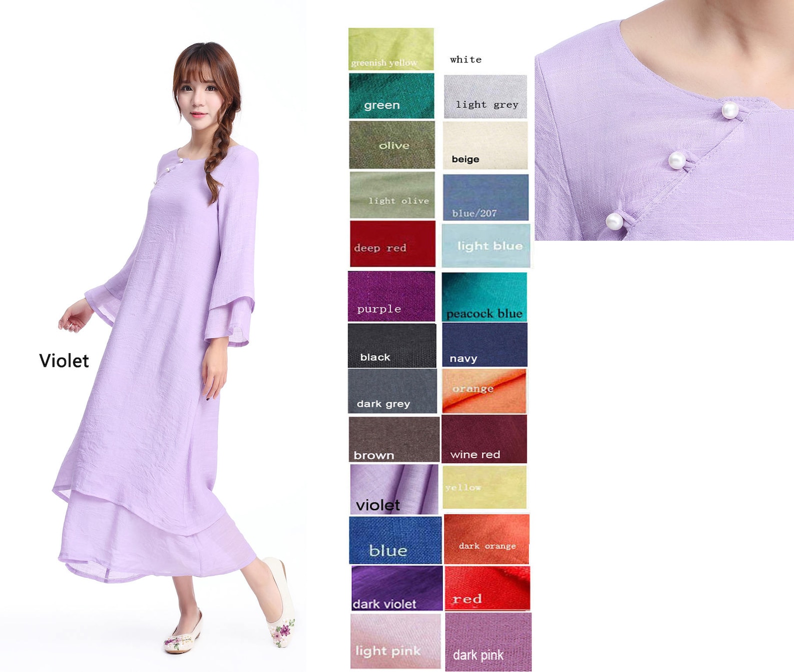Chinese Style Silk Linen Blend Two Layered Dress With Pearl Buttons ...