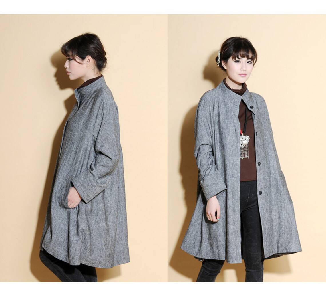 Free Style Pleated Linen Long Jacket/ Cape/ Heather Grey/ - Etsy