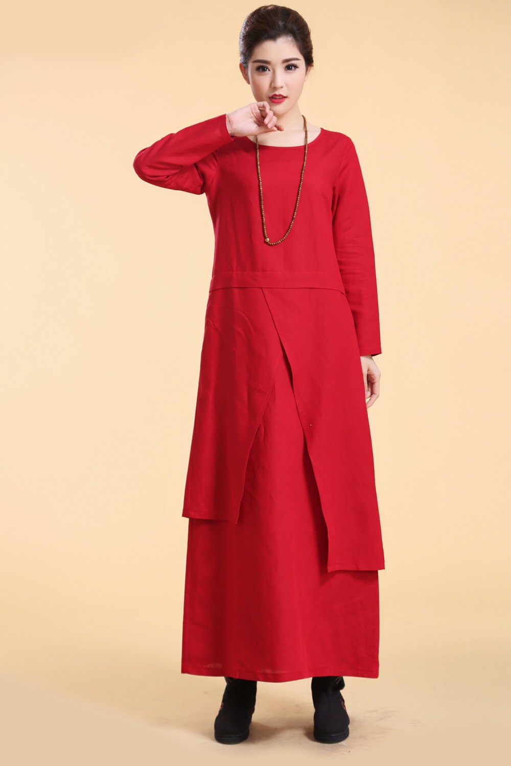 Asian Style Linen Long Dress With Its Skirt in Two Layers/ Long Sleeves ...