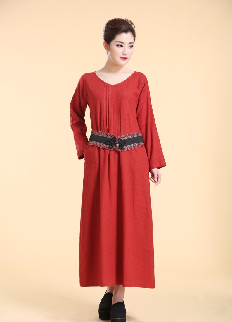Pleated Linen Long Dress With Traditional Handmade Belt / 14 Colors ...