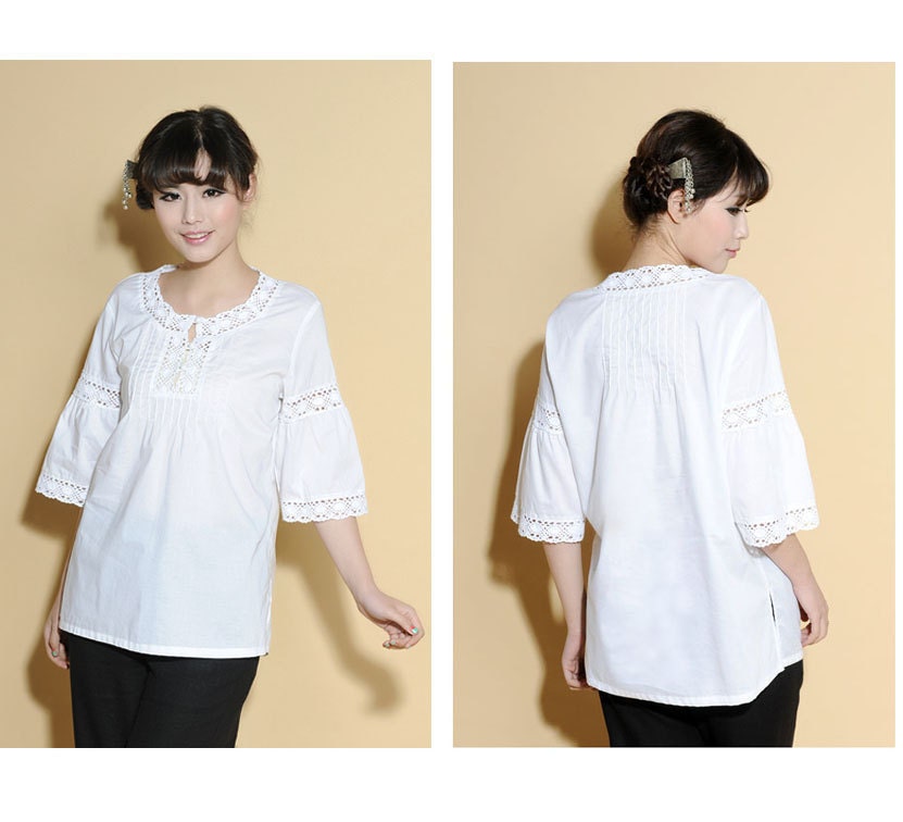 Lace Hem Blouse With Mid-length Sleeves/ 5 Colors/ RAMIES - Etsy