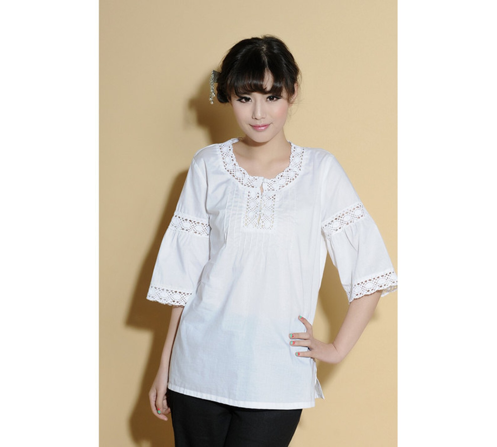 Lace Hem Blouse With Mid-length Sleeves/ 5 Colors/ RAMIES - Etsy