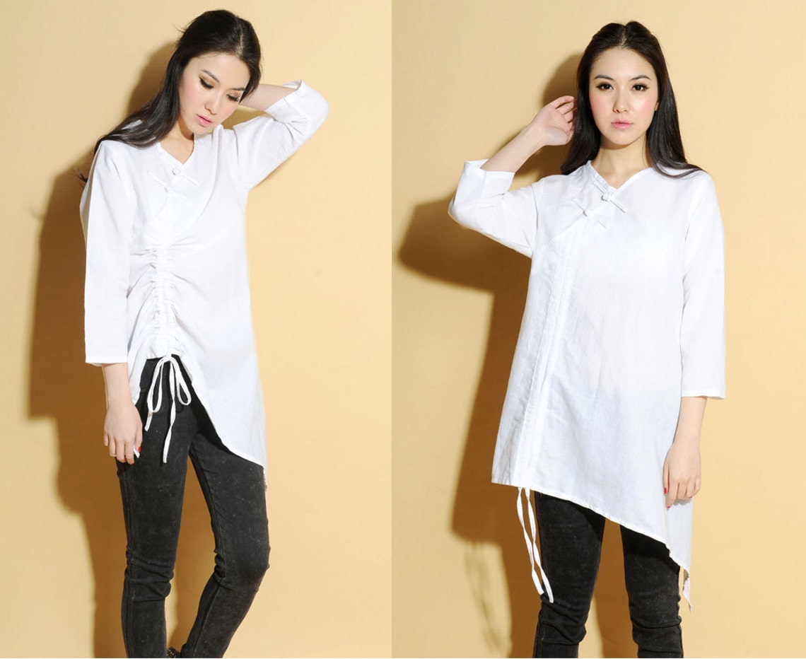 Drawstring Linen Blouse With Handmade Buttons /ethnic Style ...