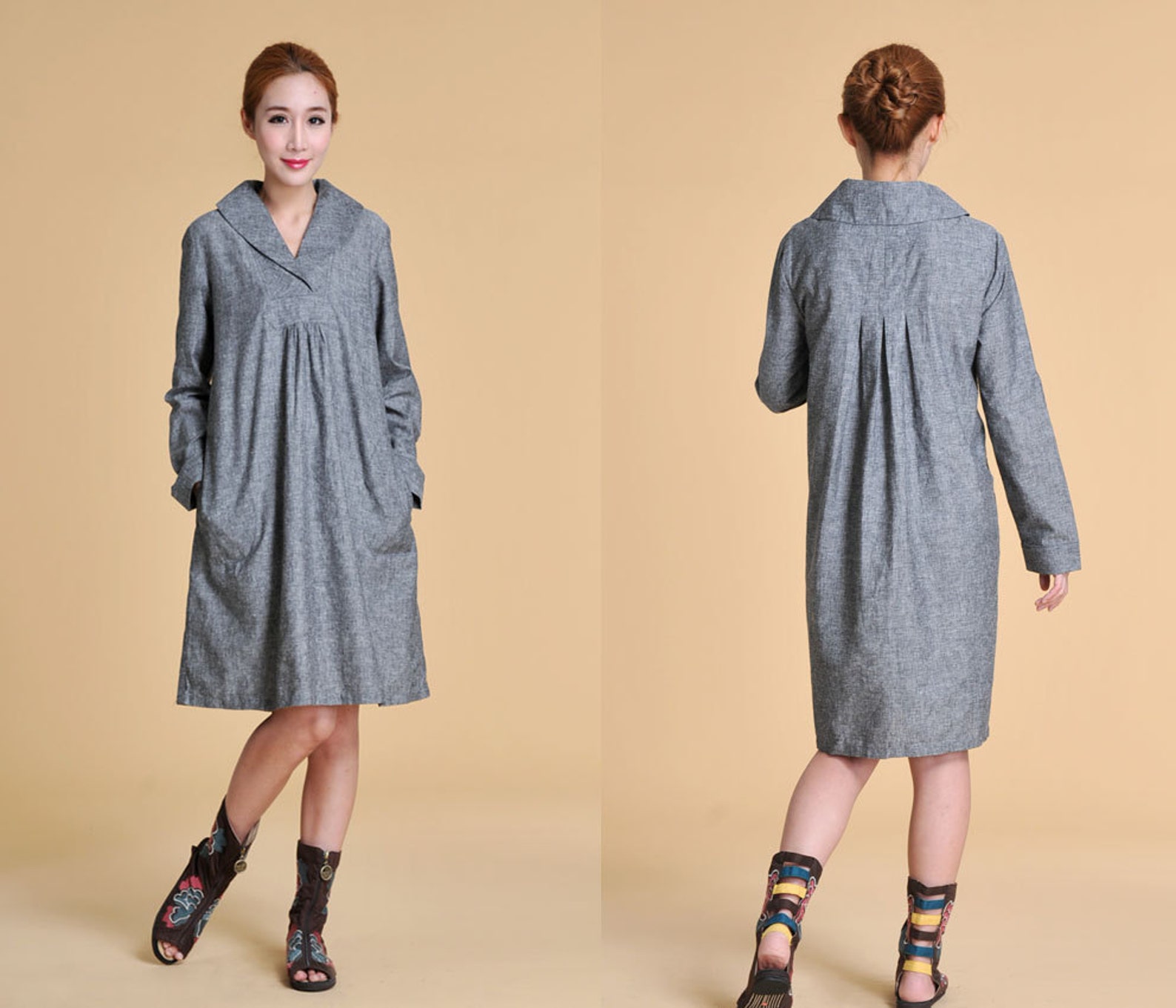 Free Style Lovely Wide Collar Dress With Pleats/ Shirt Dress/ - Etsy