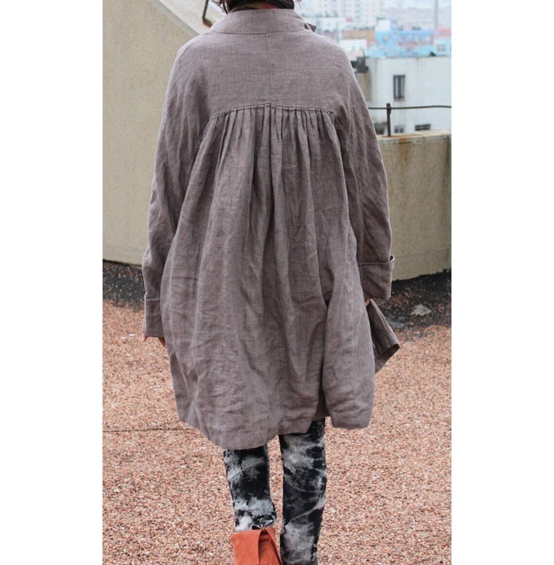 Free Style Pleated Linen Long Coat/ Cape/ Heather Brown/ 8 - Etsy