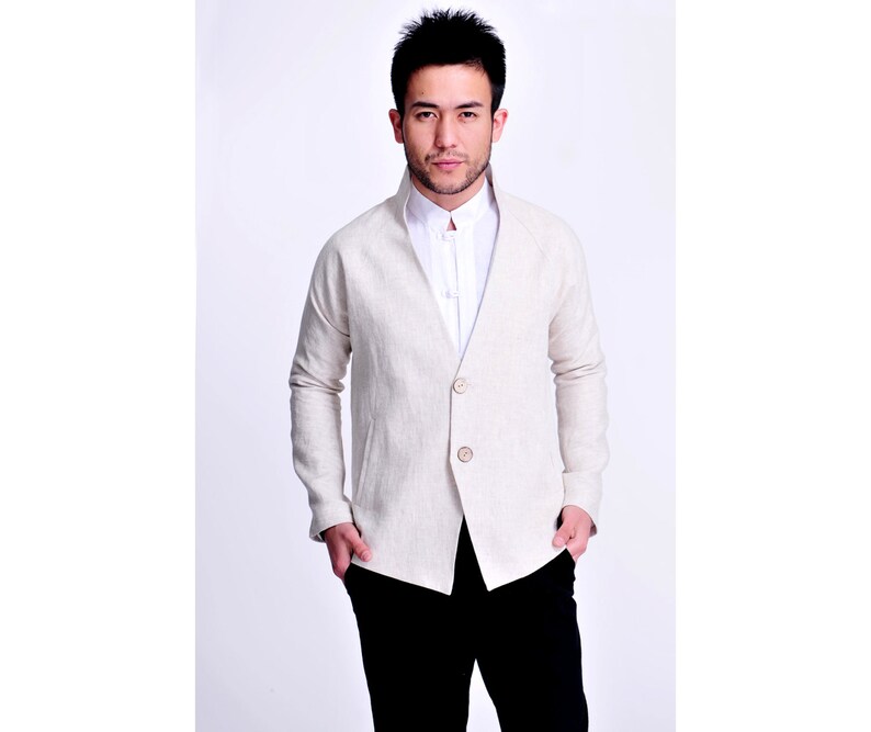 Chill Opal / Asian Style Men's Linen Jacket With Deep V Neckline/ High ...