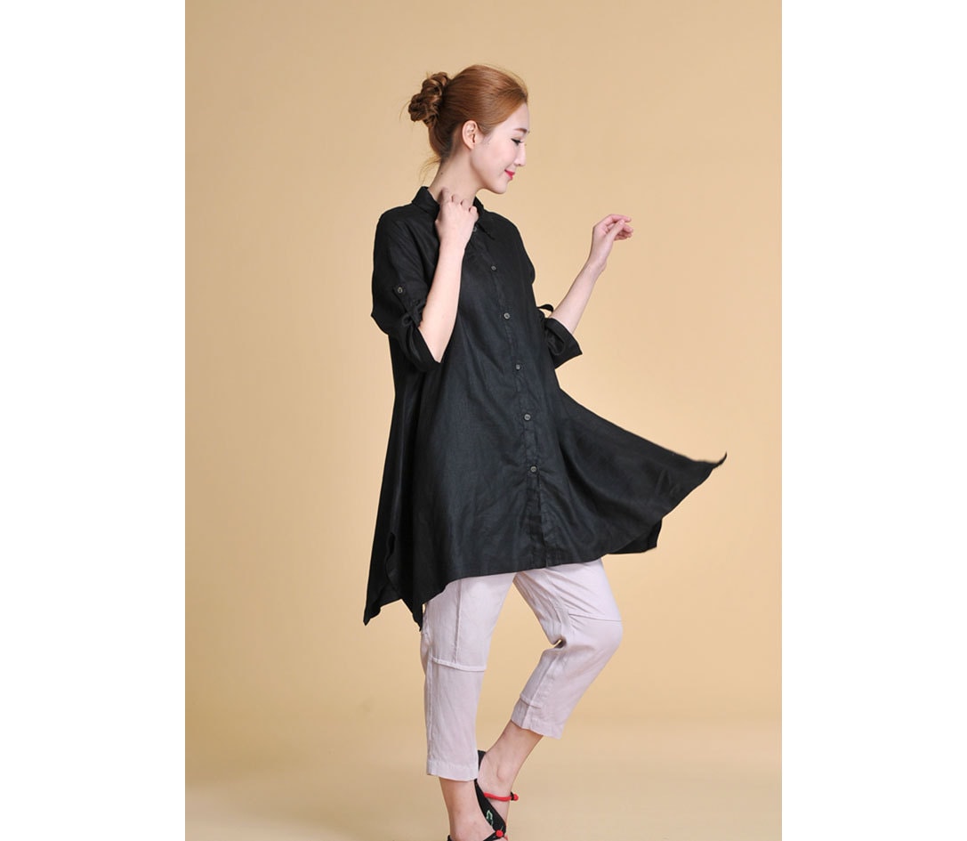 Free Style Linen Long Blouse With Asymmetrical Hems/ 28 Colors/ RAMIES ...