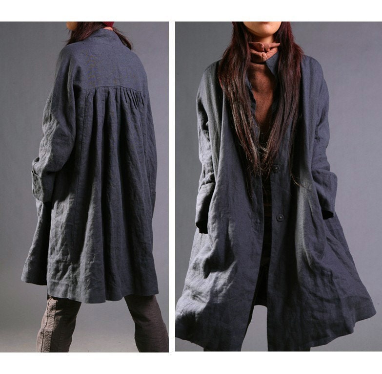 RAMIES/ Free Style Pleated Linen Long Jacket/ Cape/ Black | Etsy