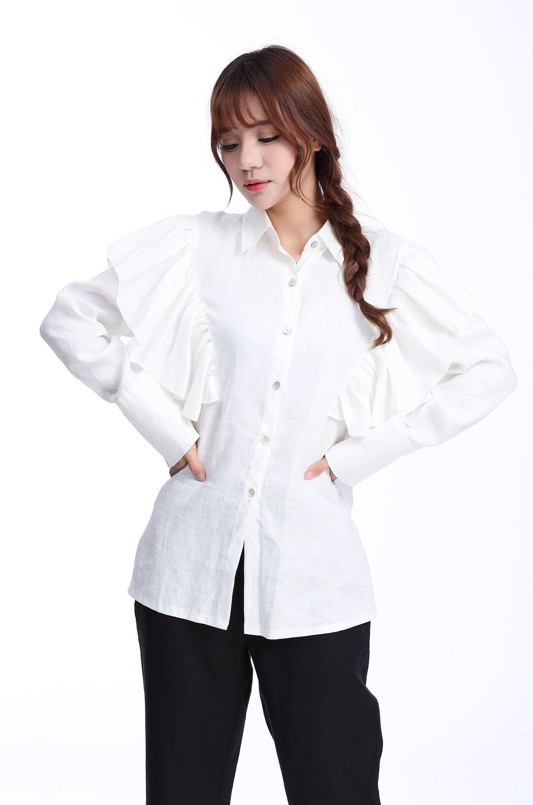 Leafy Layers Blouse With Long Sleeve/ Ruffled Linen Shirt/ 25 Colors ...