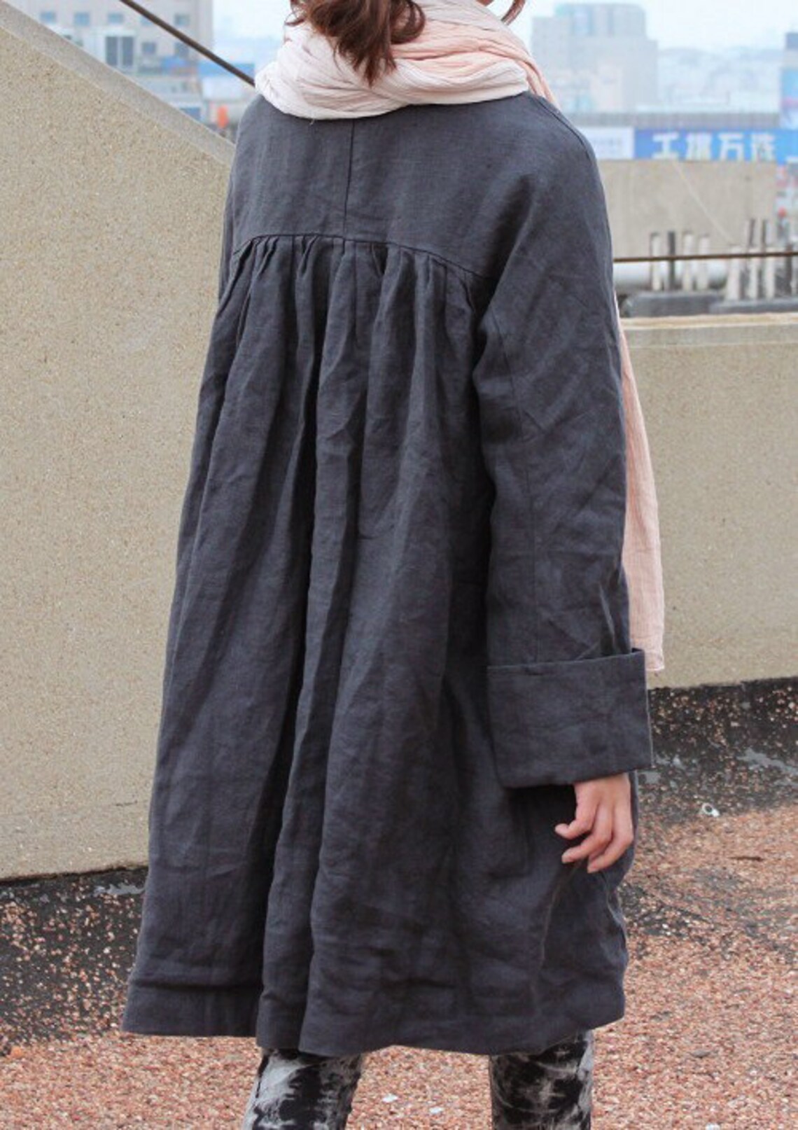 RAMIES/ Free Style Pleated Linen Long Jacket/ Cape/ Black | Etsy