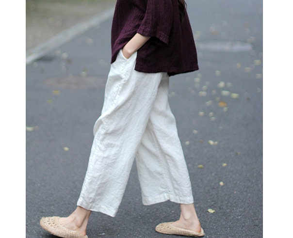 Women's /elastic Waist/linen Wide Leg Crop - Etsy