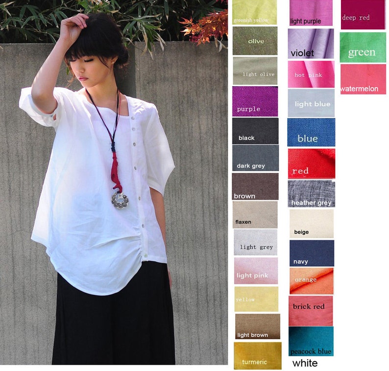 Button-down Asymmetrical Blouse With Special Sleeves/ 27 Colors/ RAMIES ...