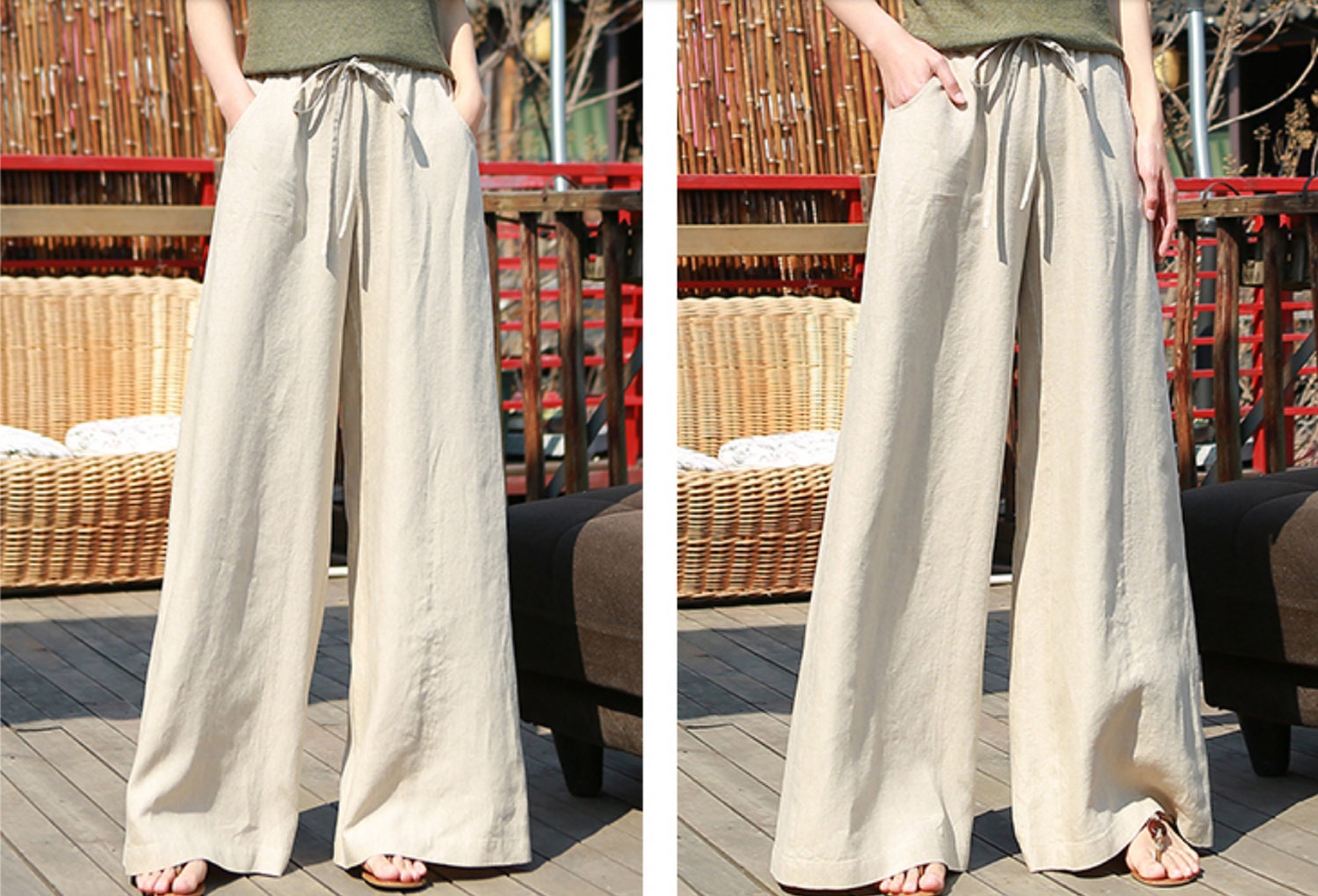 Women's /elastic Waist/linen Wide Leg Long Pants/pockets/drawstring ...