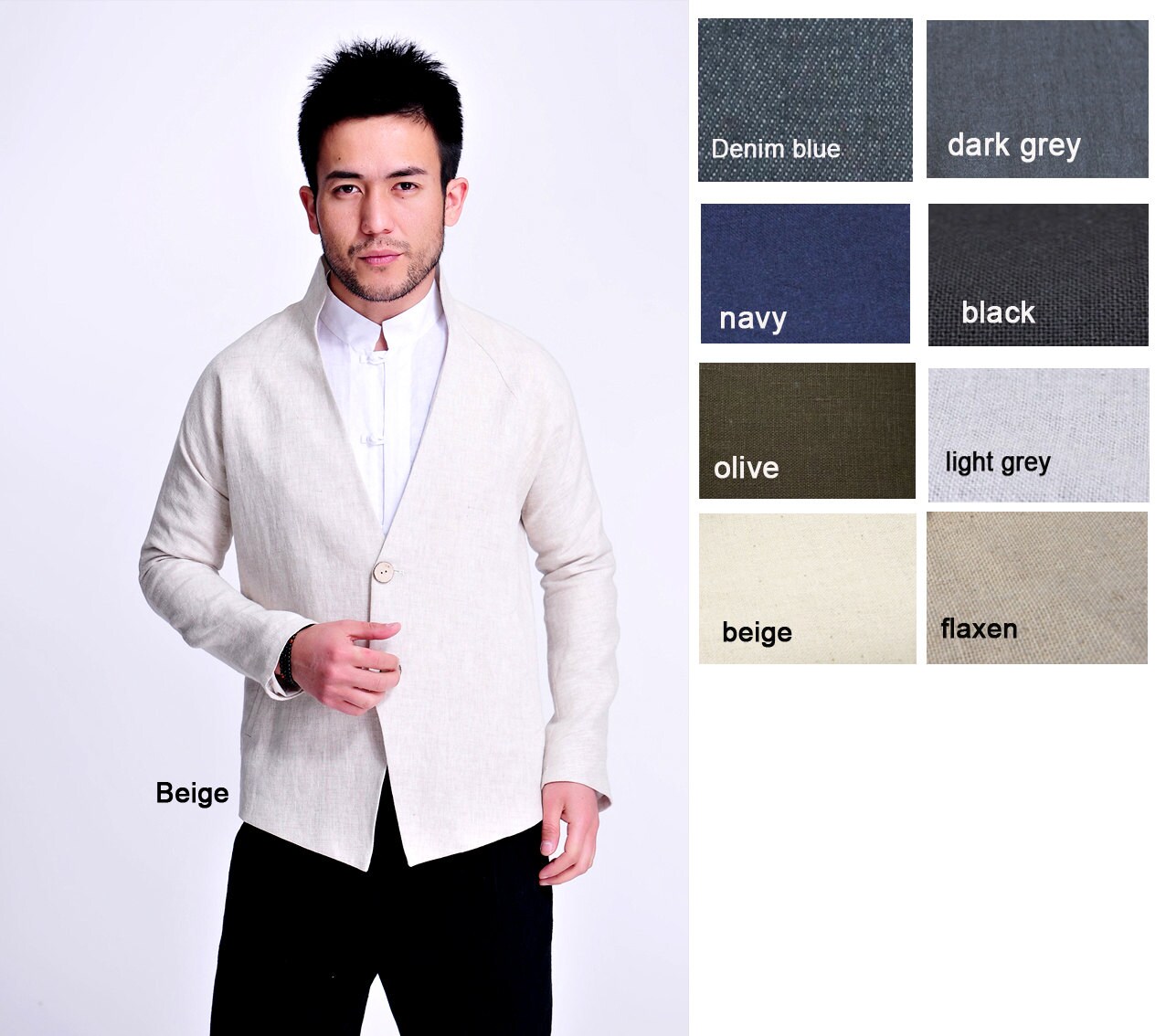 Chill Opal / Asian Style Men's Linen Jacket With Deep V Neckline/ High ...