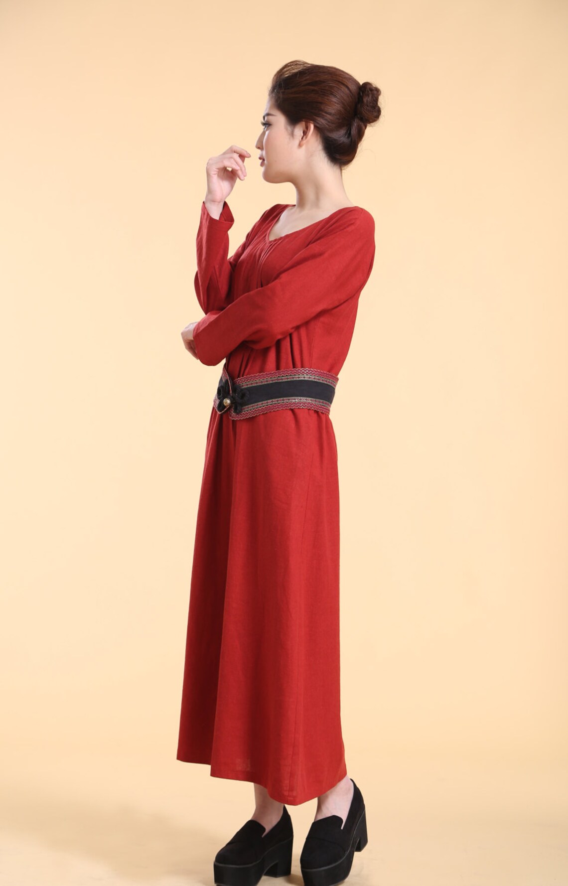 Pleated Linen Long Dress With Traditional Handmade Belt / 14 Colors ...