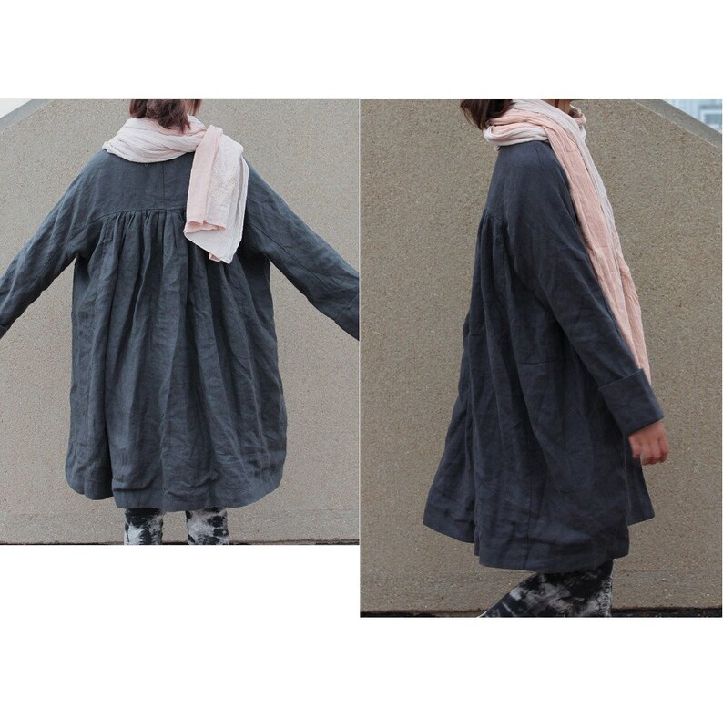 RAMIES/ Free Style Pleated Linen Long Jacket/ Cape/ Black | Etsy