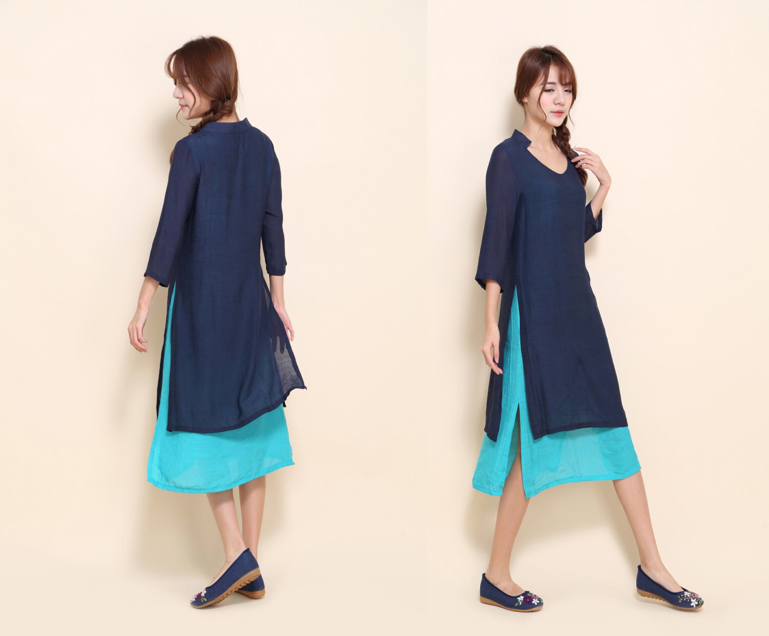 V Neckline Linen Two Layered Dress/ More Color Schemes/ RAMIES - Etsy